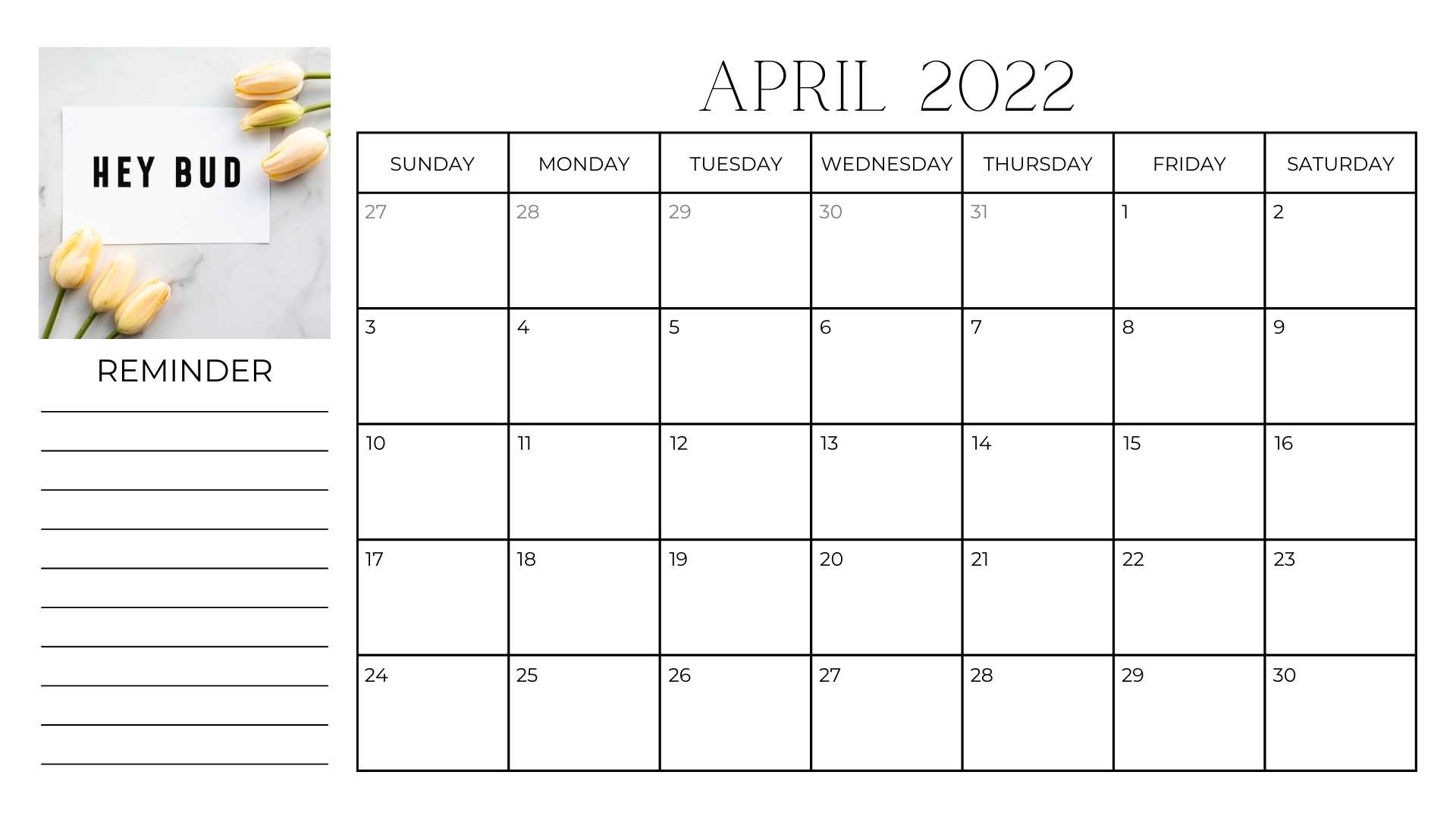 April 2022 Calendar Printable