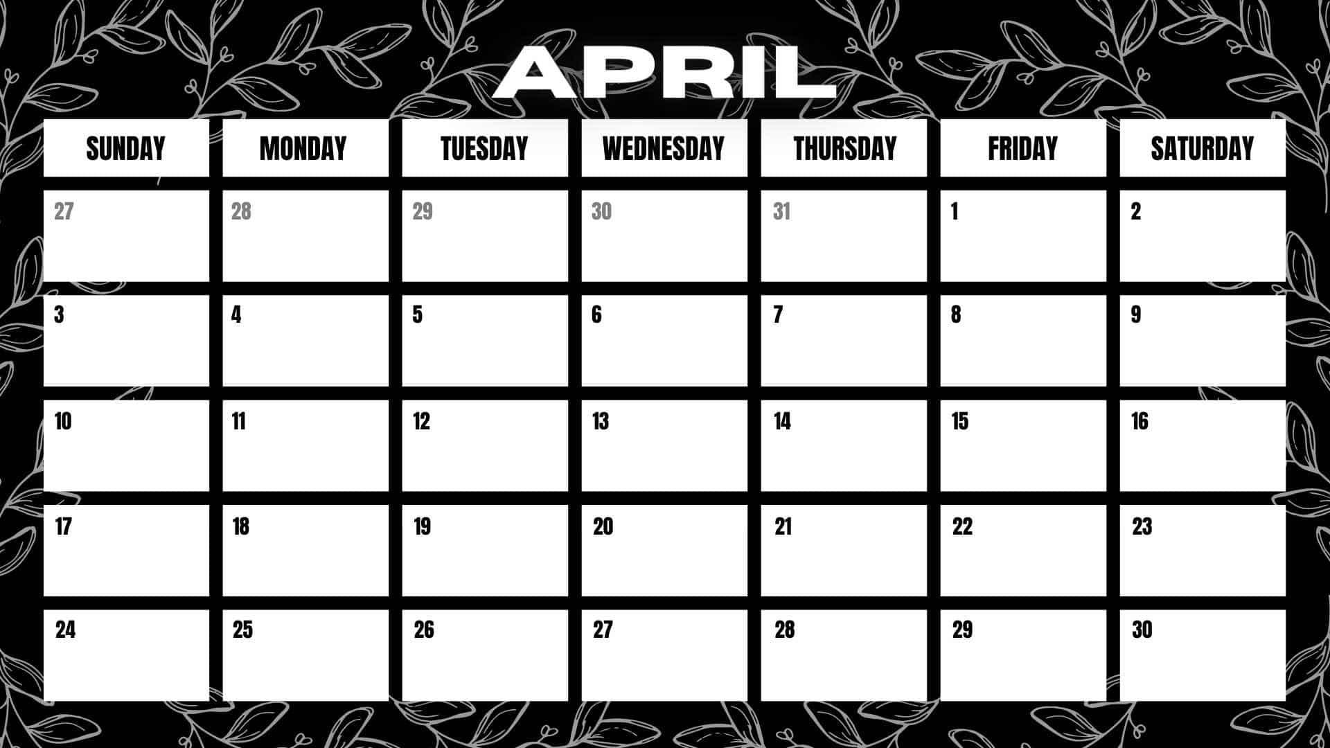 2022 Black And White Calendar